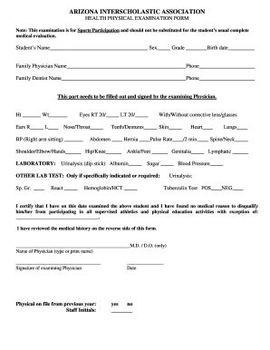 Arizona Sports Physical Exam Form Blank Fillable Template Fill Out
