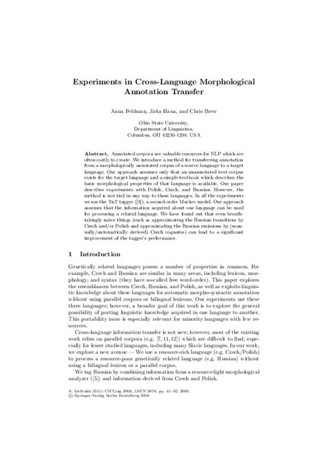 Pdf Experiments In Cross Language Morphological Annotation Transfer