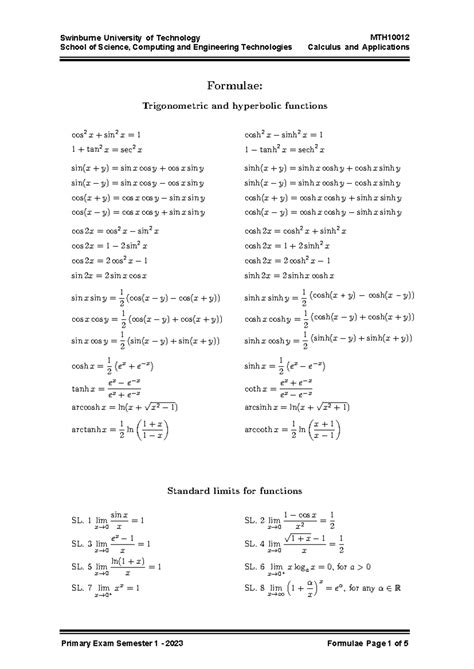Mth10012 Exam Formula Sheet 2023 School Of Science Computing And Engineering Technologies