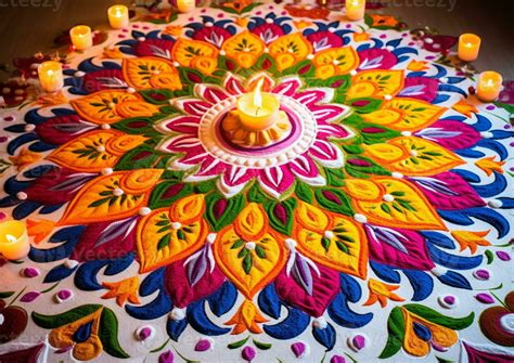 A Rangoli Decorative Pattern Made Of Colored Rice Diwali Stock Images Cartoon Illustration Art