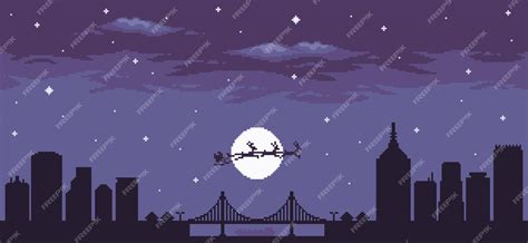 Premium Vector Pixel Art Cityscape At Night With Santa Claus Flying In The Background