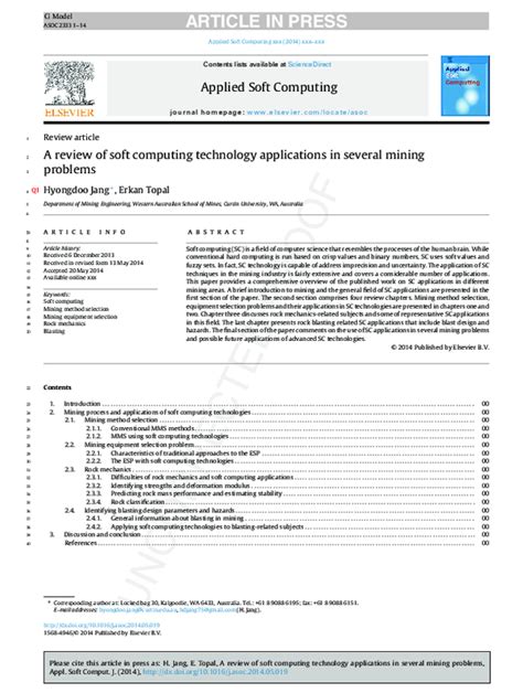 Pdf A Review Of Soft Computing Technology Applications In Several Mining Problems