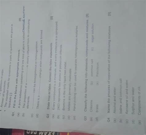 Q3 Classify The Following Into Elements Compounds And Mixtures 5