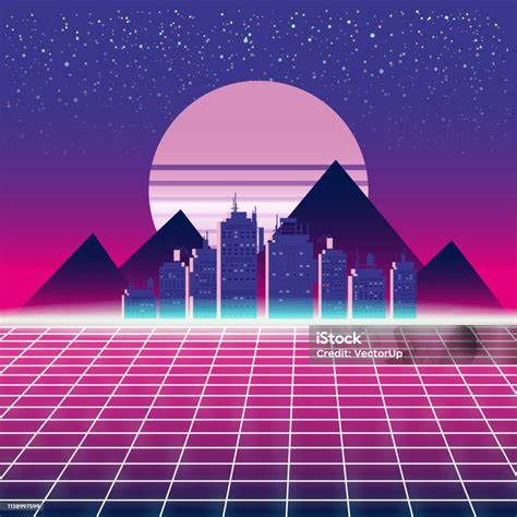 도시 태양 별과 스타일 레이저 그리드와 레트로 미래의 풍경 Synthwave 네온 Retrowave 디자인 및 요소 공상 과학 80s 90 년대 공간 벡터 일러스트 레이 션
