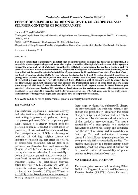 Pdf Effect Of Sulphur Dioxide On Growth Chlorophyll And Sulphur Contents Of Pomegranate