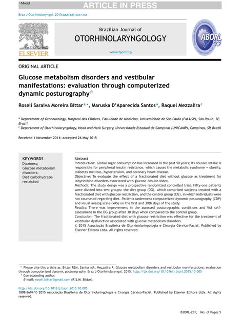 Pdf Glucose Metabolism Disorders And Vestibular Manifestations Evaluation Through