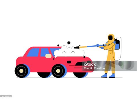 위생 위생 및 안전을 상징하는 평면 벡터 일러스트 레이 션에서 보호 복을 입은 작업자에 의해 소독되는 빨간 자동차 흰색 배경에 고립되어 있습니다 교통수단에 대한 스톡 벡터