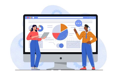 Business Analysis Concept Man And Woman Near Computer Monitor With Graphs And Diagrams Stock