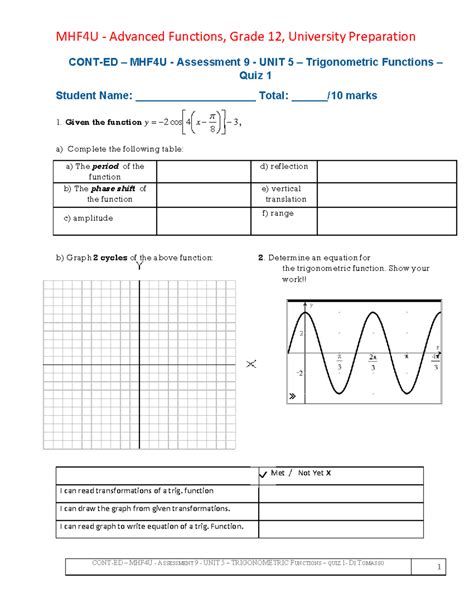 Cont Ed Mhf4u Assessment 9 Unit 5 Trigonometric Functions Quiz 1 Di Tomasso Mhf4u