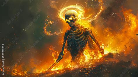 Infernal Demon Skeleton In Flames Digital Art Horror Illustration
