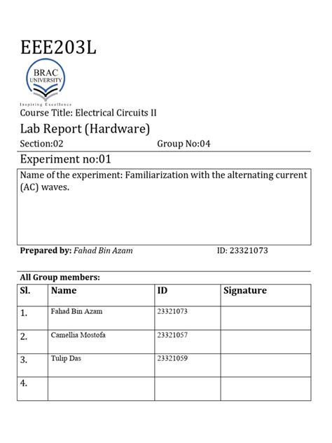 Eee Lab Exp 1 Grp 4 Pdf Electrical Network Alternating Current