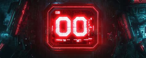 Countdown Timer Frozen At Zero In A Futuristic Setting With Red Neon Lights And Digital Design