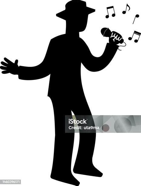 마이크와 음표 일러스트 자료로 노래하는 남자의 실루엣 노래방기계에 대한 스톡 벡터 아트 및 기타 이미지 노래방기계 흰색