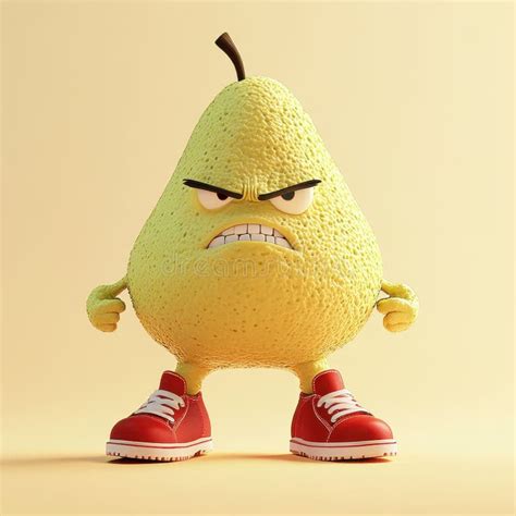 Angry Cartoon Pear Character With Red Sneakers And Fierce Expression Stock Illustration