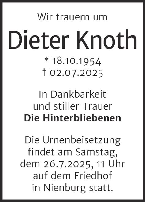 Traueranzeigen Von Dieter Knoth Abschied Nehmende