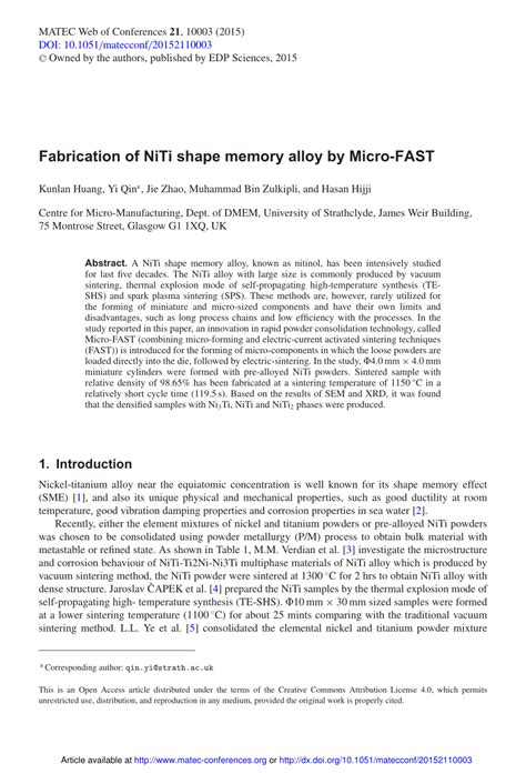 Pdf Fabrication Of Niti Shape Memory Alloy By Micro Fast