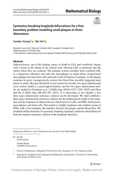 Symmetry Breaking Longitude Bifurcations For A Free Boundary Problem Modeling Small Plaques In