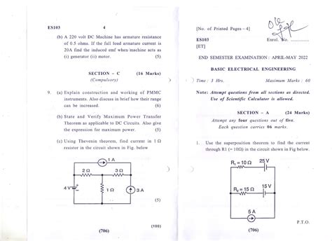 Es103 Final Exam Basic Electrical Engineering Question Paper 2022