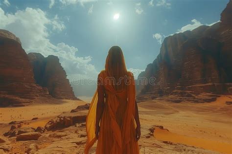 A Woman In An Orange Dress Strolling Through A Desert Landscape Stock