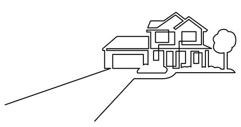 Continuous Line Drawing Of Suburban House With Garage And Driveway As
