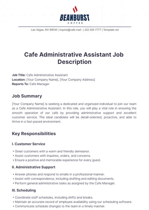 Free Cafe Administrative Assistant Job Description Template To Edit Online