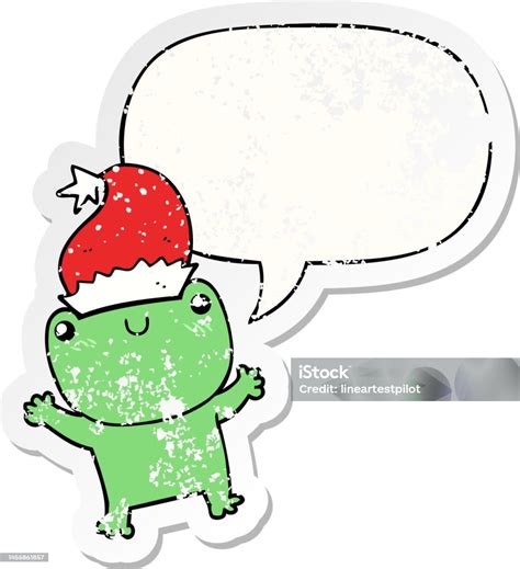 귀여운 만화 개구리 크리스마스 모자를 쓰고 연설 거품 고민 고민 오래 된 스티커 개구리에 대한 스톡 벡터 아트 및 기타 이미지 개구리 귀여운 그런지 이미지 기법