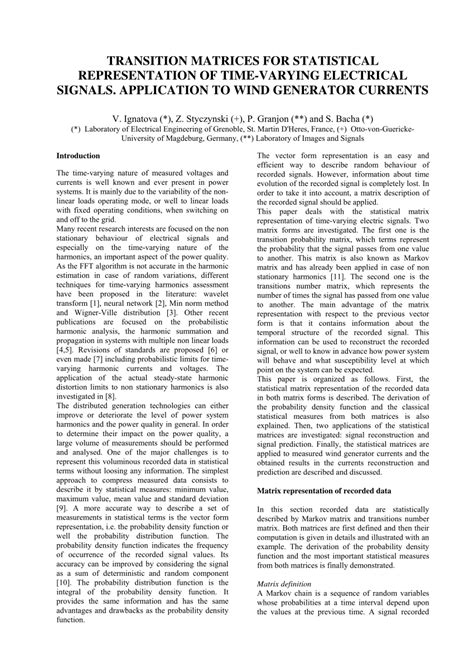 Pdf Transition Matrices For Statistical Representation Of Time Varying Electrical Signals