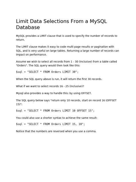 Limit Data Selections From A Mysql Database Pdf Teaching Methods