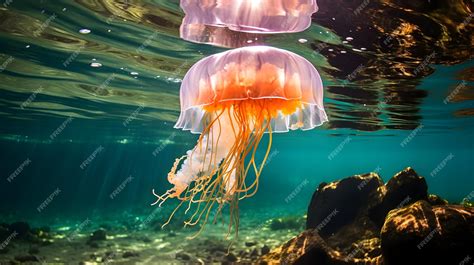 Premium Photo A Small Jellyfish Swims Just Under The Surface Of The