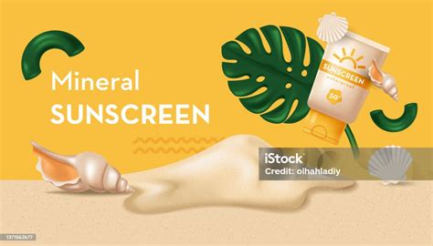 여름 화장품 모래 몬스터 잎 쉘 배너 벡터 격리 된 3d 사실적 그림 입체 이미지에 대한 스톡 벡터 아트 및 기타 이미지 입체 이미지 햇볕 차단 로션 3차원 형태