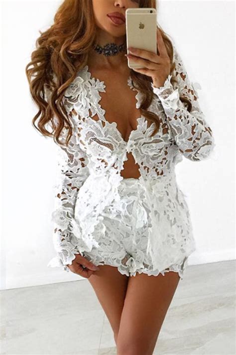 Sexy Fashion Long Sleeve Short White Lace Set