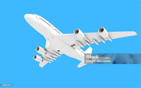 비행기에 어 버스 A 380 파란색 배경에 고립 전면 하단 보기입니다 왼쪽 볼 수 있습니다 오른쪽에서 왼쪽으로 플 라 잉입니다 3d 그림입니다 3차원 형태에 대한 스톡 사진