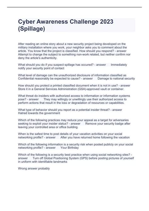 Cyber Awareness Challenge 2023 Spillage Questions With Accurate Answers 2023 Cyber Awareness