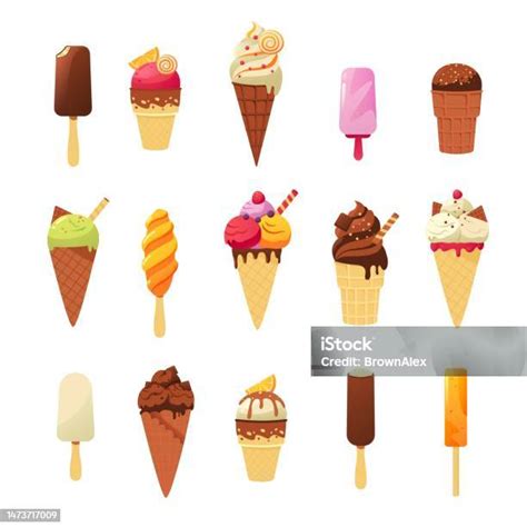 화려한 아이스크림 디저트 와플 컵과 토핑과 과일로 덮인 나무 막대기에 다양한 모양과 색상의 만화 달콤한 추운 여름 디저트 벡터 세트 과일에 대한 스톡 벡터 아트 및 기타