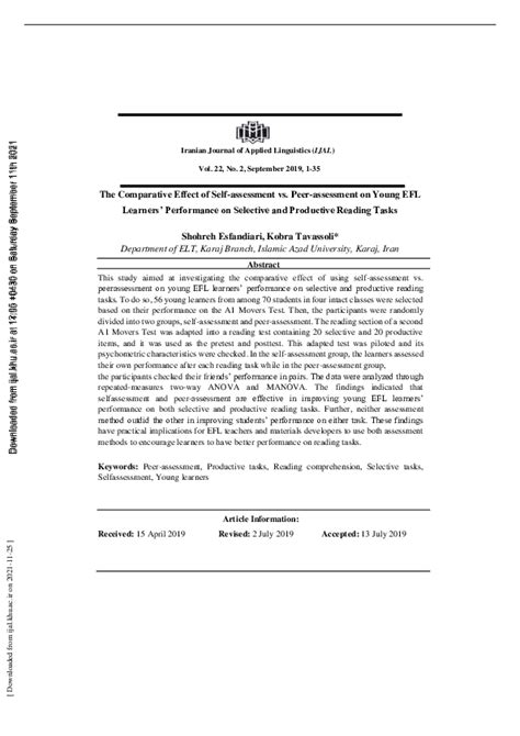Pdf The Comparative Effect Of Self Assessment Vs Peer Assessment On Young Efl Learners