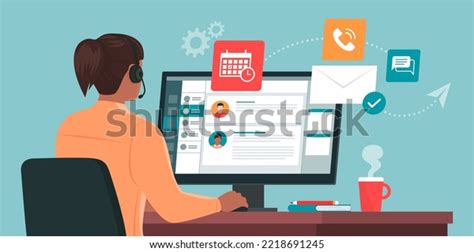 Professional Virtual Assistant Sitting Desk Working Stock Vector