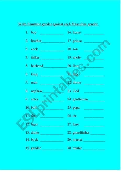 Masculine To Feminine Gender Exercise Esl Worksheet By Alok Harsh