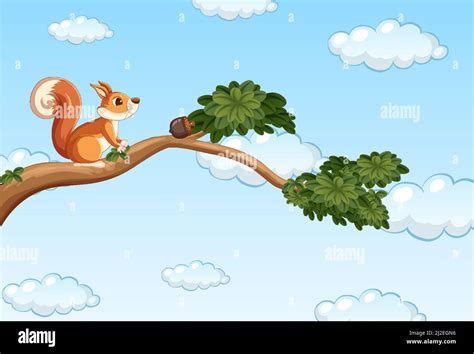 Cute Squirrel Standing On Branch Illustration Stock Vector Image Art Alamy