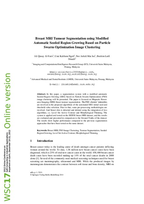 pdf breast mri tumour segmentation using modified automatic seeded