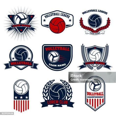 배구 라벨 및 엠블럼 세트입니다 라벨 엠블럼 배지 사인을 위한 디자인 요소 벡터 일러스트 레이 션입니다 Championship에 대한 스톡 벡터 아트 및 기타 이미지