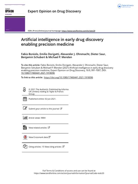 Artificial Intelligence In Early Drug Discovery Enabling Precision