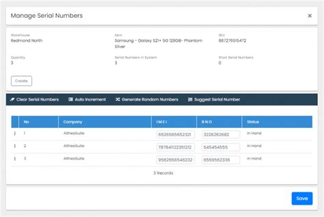 serial numbers altheasuite inventory management