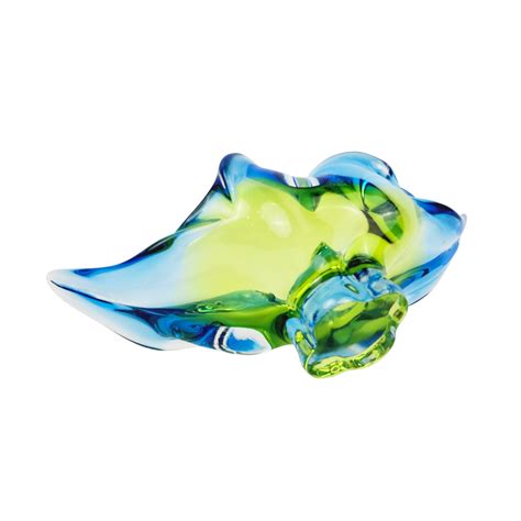 Vintage Murano Glass Blue And Yellow Green Elongated Splash Bowl