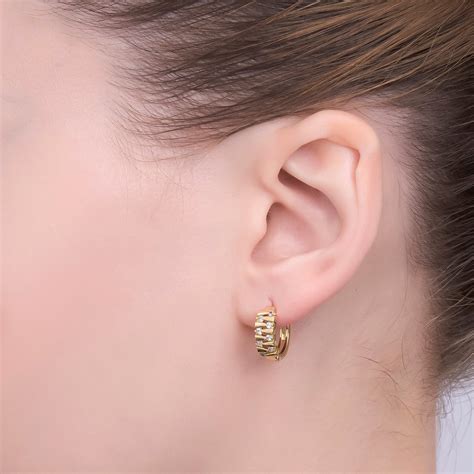 24k Gold Filled 135mm Cz Lined Quilted Cartilage Huggie Earrings
