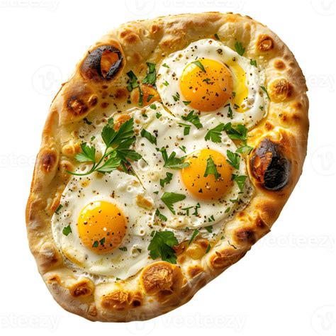 Breakfast Flatbread With Three Fried Eggs Fresh Parsley And Black Pepper Isolated On White