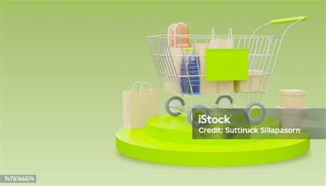 내부에 가방과 상자가 있는 녹색 연단에 있는 쇼핑 카트의 사실적인 3d 렌더링 3차원 형태에 대한 스톡 사진 및 기타 이미지 3차원 형태 가격 개념 Istock