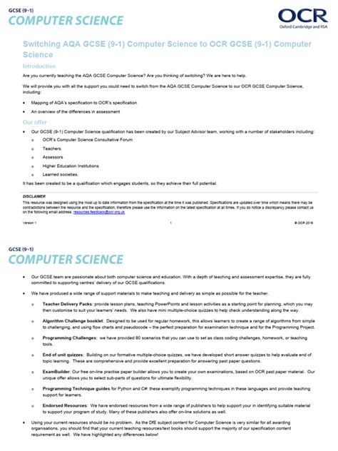 Aqa To Ocr Gcse Computer Science Guide Pdf Computer Network