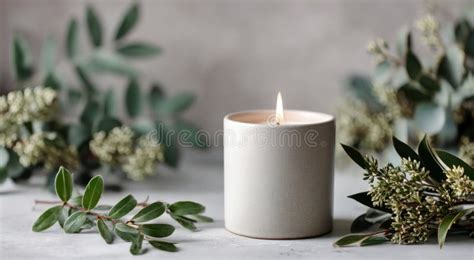 Minimalist Candle On A Serene Background Featuring Eucalyptus Greenery