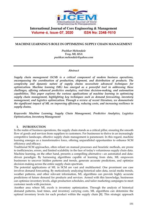 Pdf Machine Learnings Role In Optimizing Supply Chain Management