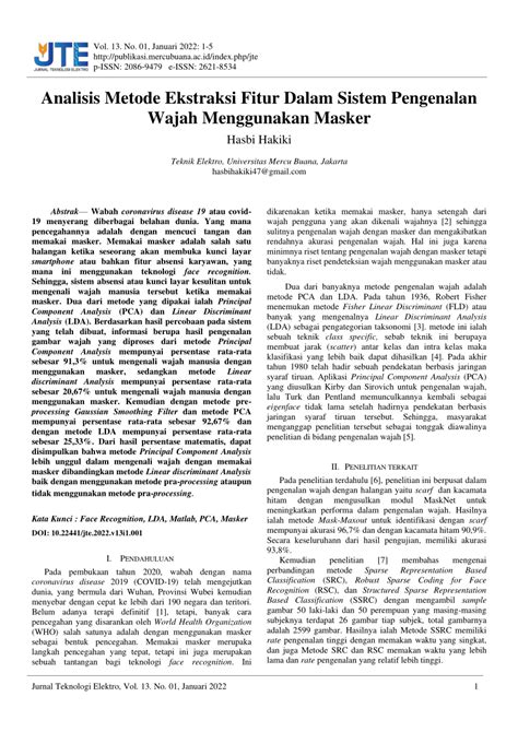 Pdf Analisis Metode Ekstraksi Fitur Dalam Sistem Pengenalan Wajah Menggunakan Masker